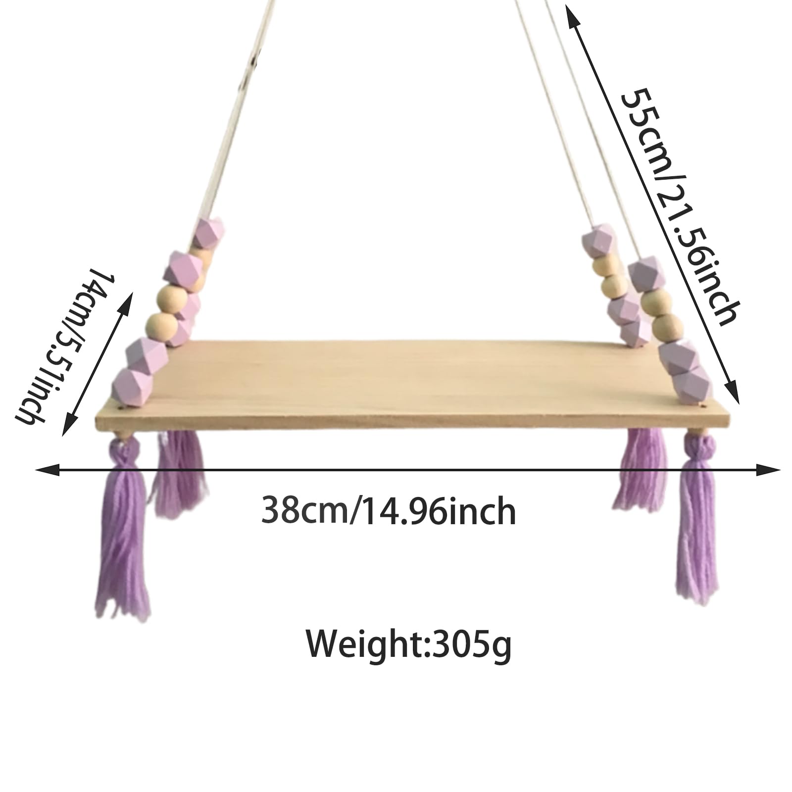 DEERWIN Hanging Shelf for Wall, Wood Hanging Shelves with Beads Tassels Boho Decor Swing Rope Rustic Floating Shelf,Wall Display Shelving Home Organizer Rack for Living Room Bedroom Kitchen (Purple)