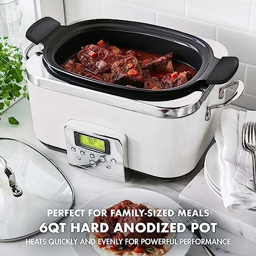GreenPan Elite 8-in-1 Programmable 6 Quart Electric Slow Cooker,Dishwasher Safe Lid & Removable Crock, PFAS-Free Healthy Ceramic Nonstick Multi-Cooker,Sear, Sauté/Brown,Steam Basket,Roast, Cream White