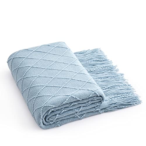 Counfeisly Acrylic Knitted Throw Blanket, Lightweight and Soft Cozy Decorative Woven Blanket with Tassels for Couch, Bed, Sofa, Travel, Suitable for All Seasons, 50 x 60 Inches, Blue
