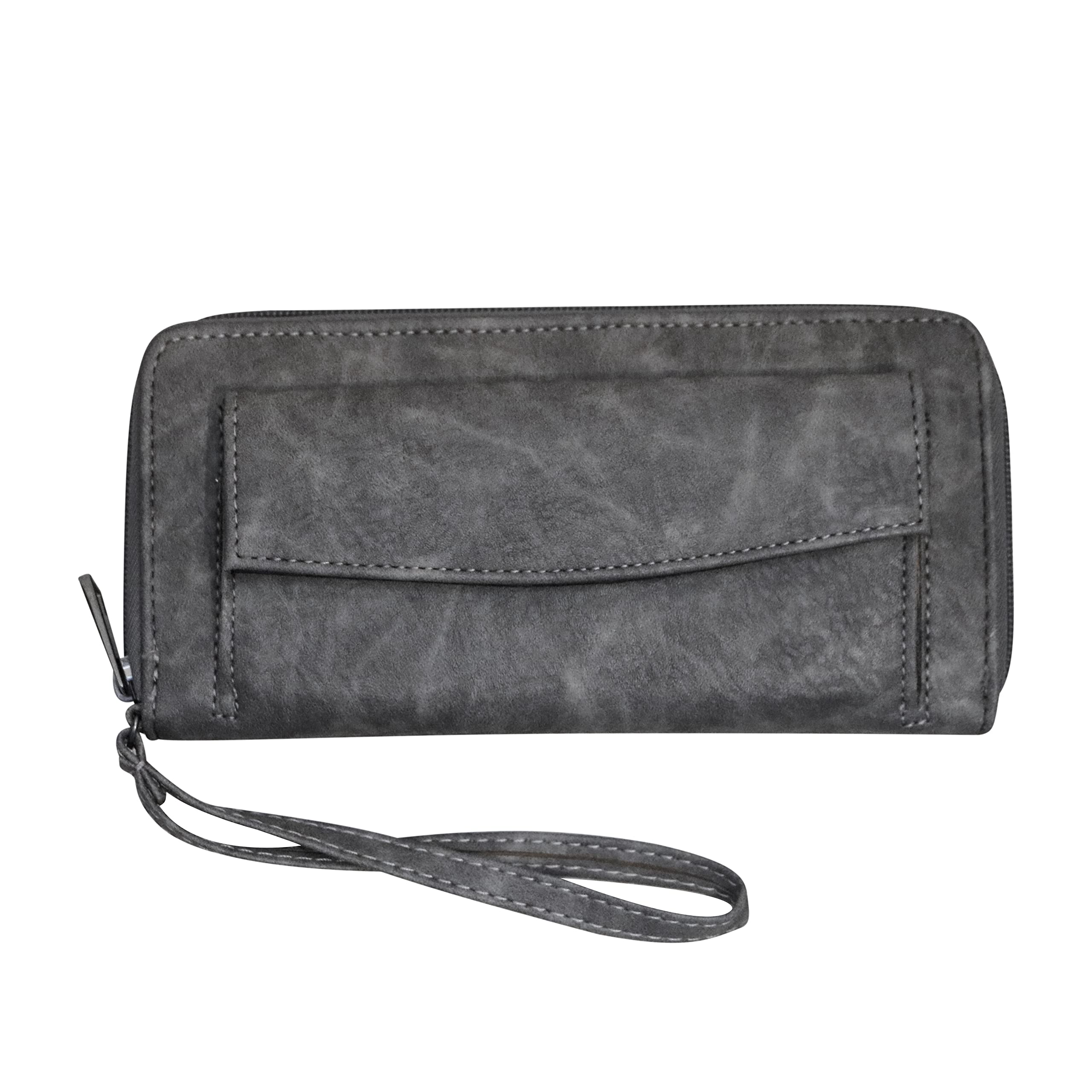 Ladies PU Vegan Leather Clutch long Wallet, Zipper around Wristlet Phone Purse Card Holder Organizer, grey (A21001w)