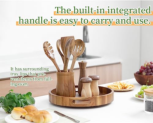 Lazy Susan Wooden Round Tray with Built-in Handles, Farmhouse Wood Serving Tray with Rotating System, Multifunctional Organizer Tray for Home Decorations Bath Vanity Tray Kitchen Counter Ottoman Tray