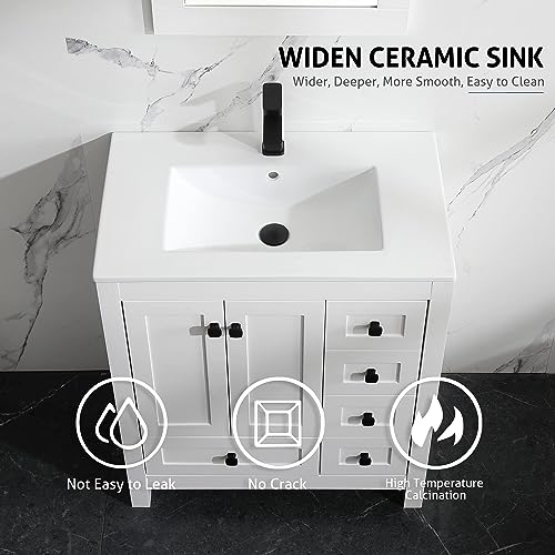 eclife 30'' Bathroom Vanities Cabinet with Sink Combo Set, Undermount Ceramic Sink w/Thickened Wood, Matte Black Faucet, High-Definition Mirror,White