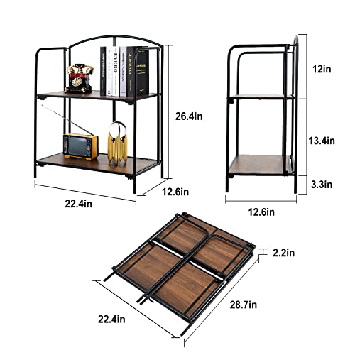 Crofy No Assembly Folding Bookshelf, 2 Tier Black Bookshelf, Metal Book Shelf for Storage, Folding Bookcase for Office Organization and Storage, 12.6 D x 22.44 W x 28.74 H Inches