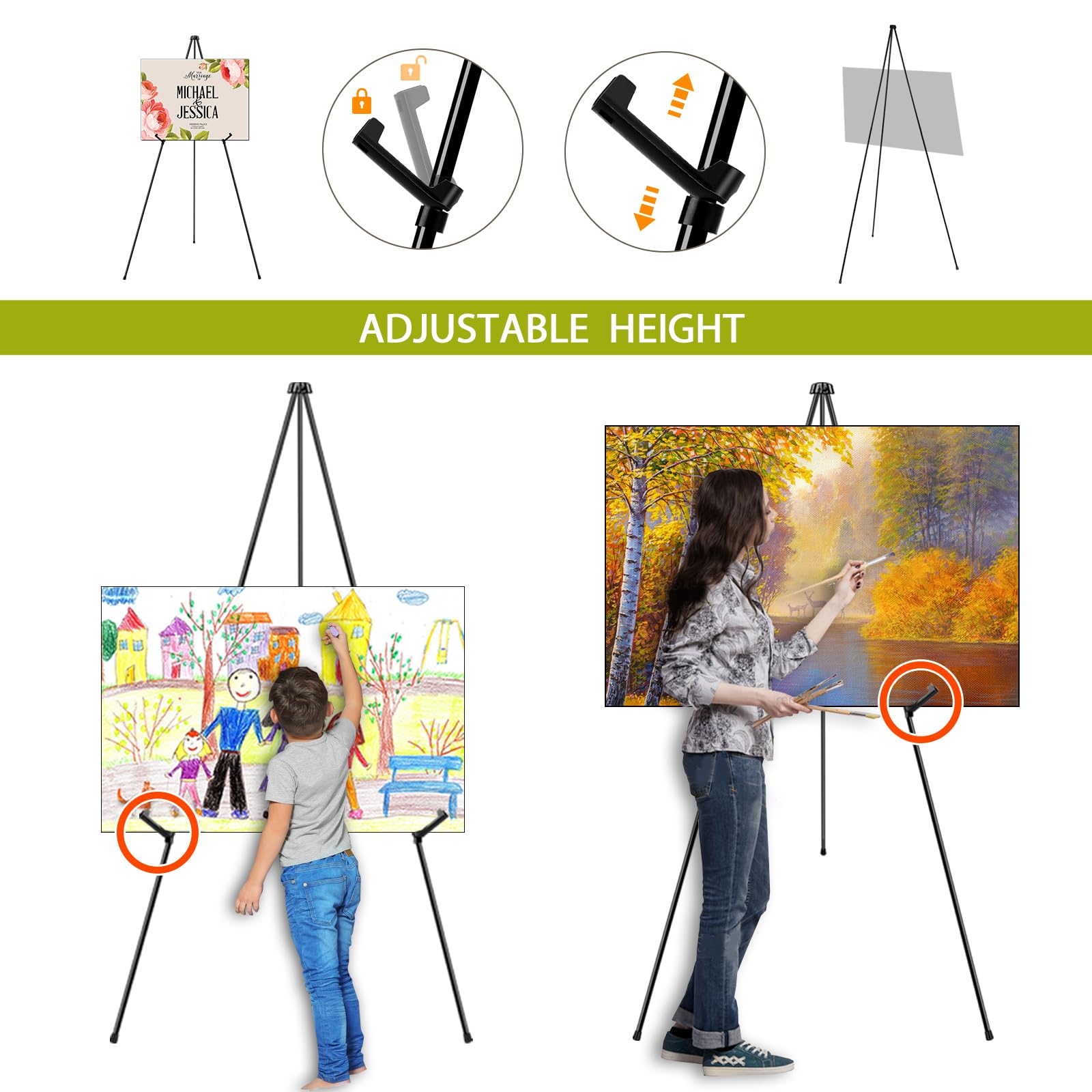 AROIC 63 "Easel Stand for Display, Portable Foldable Metal Easel, Easels for Signs Wedding Logos,Arts, Painting,Adjustable Floor Easels with 1 Storage Bag