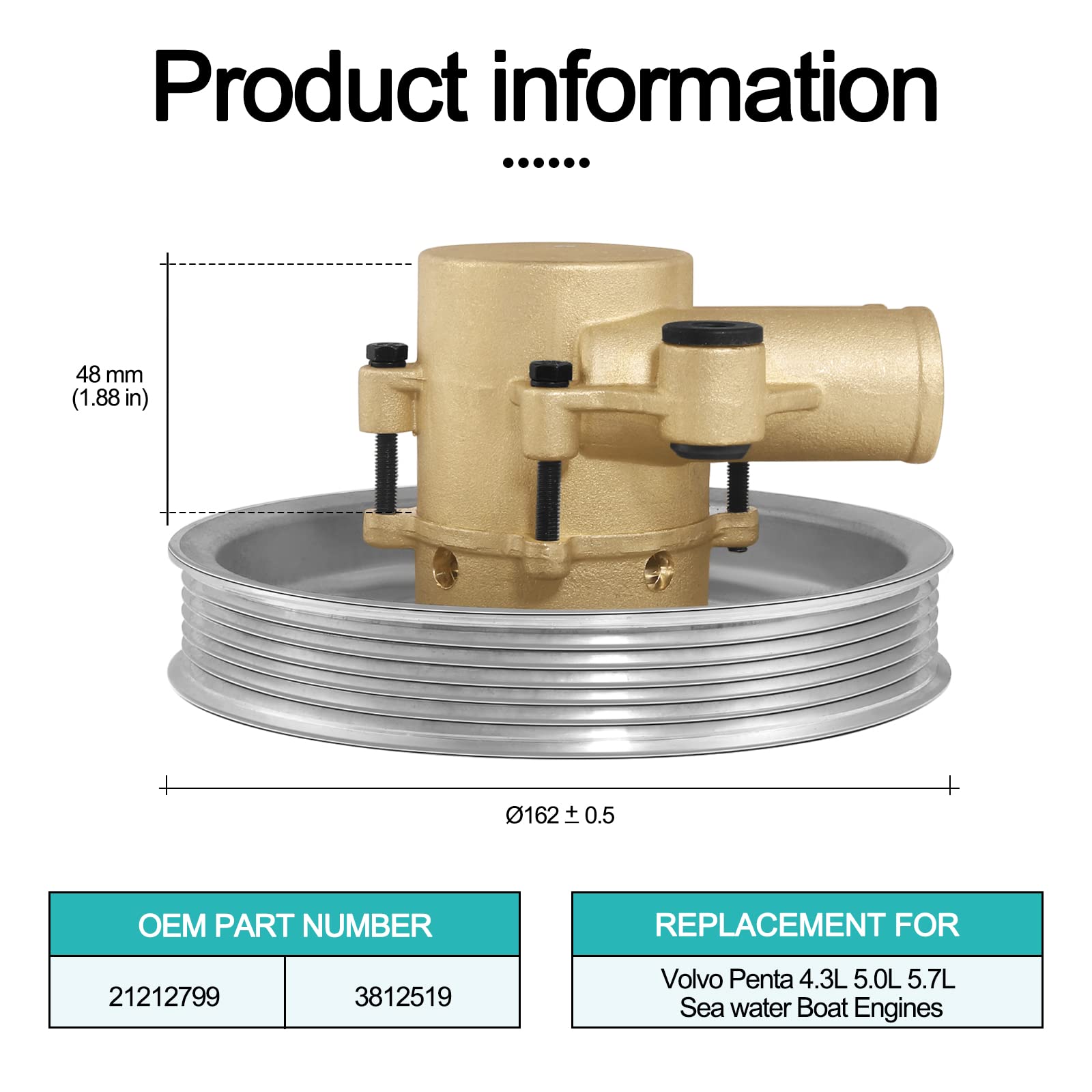 AULINK 21212799 Sea Water Pump OE Replacement For Volvo Penta 4.3 5.7 V8 V6 GXI GL Replace 3812519 Crankshaft Mounted Sea Pump
