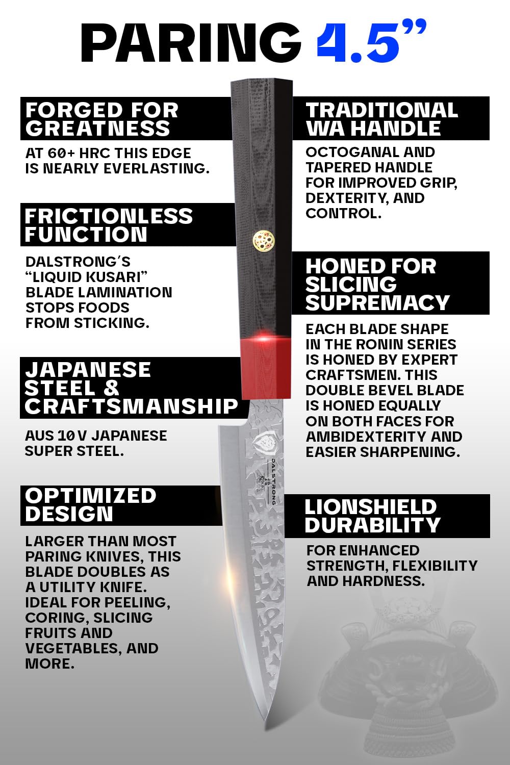 Dalstrong Paring Knife - 4.5 inch - Ronin Series - Double Bevel Blade Razor Sharp - Japanese AUS-10V Super Steel - Damascus - G10 Handle Kitchen Knife - Black Acacia Wood Sheath