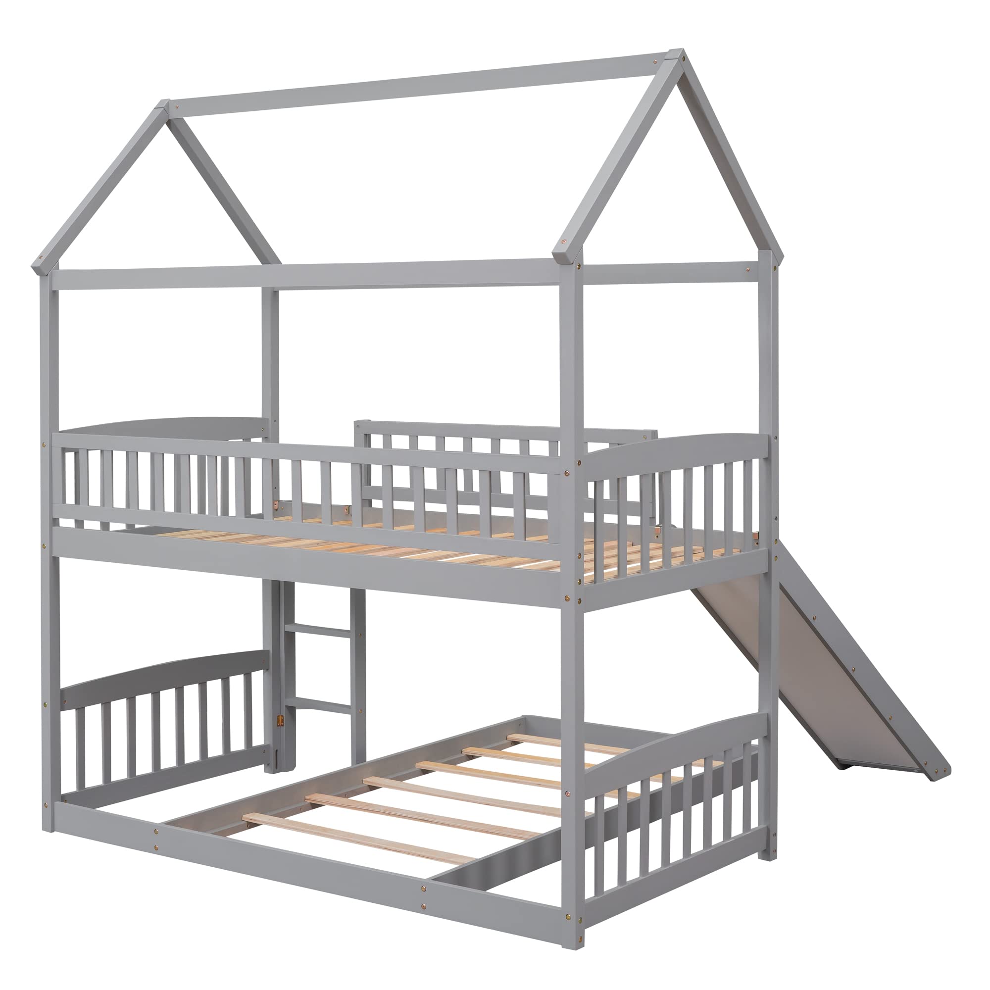LZ LEISURE ZONE Bunk Bed with Slide, Wood Twin Over Twin Bunk Bed Frame, Twin Size House Bunk Bed, Bedroom Furniture for Kids/Teens/Aldults, No Box Spring Needed, Gray