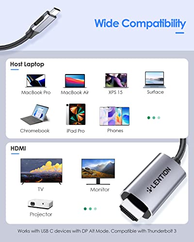 LENTION 6FT USB C to HDMI 2.0 Cable Adapter (4K/60Hz) Compatible 2023-2016 MacBook Pro, New iPad/Surface/Mac Air, Note 21/20/10, Stable Driver Certified (CB-CU707-2M, Space Gray)