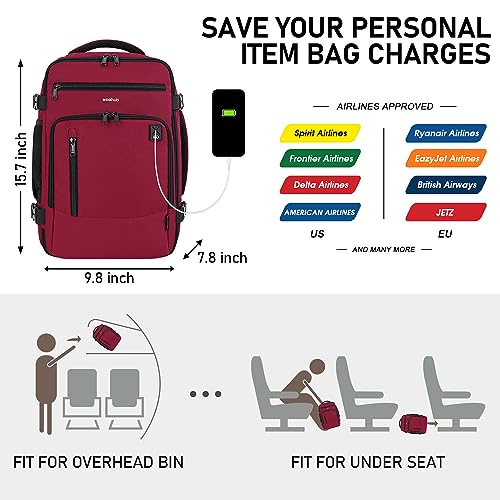 ECOHUB 16'' Travel Backpack For Women Men Airline Approved Personal Item Travel Bag Travel Essentials Laptop Backpack Casual Daypack Small Hiking Backpack Lightweight Waterproof Backpack, Red