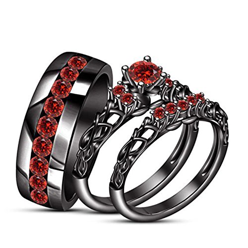 Ashaartjewels Created His & Hers 1.30 Ct Round Cut Garnet Diamond 14k Black Gold Fn Trio Vintage Style Wedding Ring Set