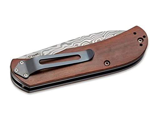 BOKER PLUS Exskelibur II Folding Gentlemen’s Pocket Knife, Damascus Steel Blade, Cocobolo Scales, Blue Anodized Titanium Liners, Titanium Pocket Clip