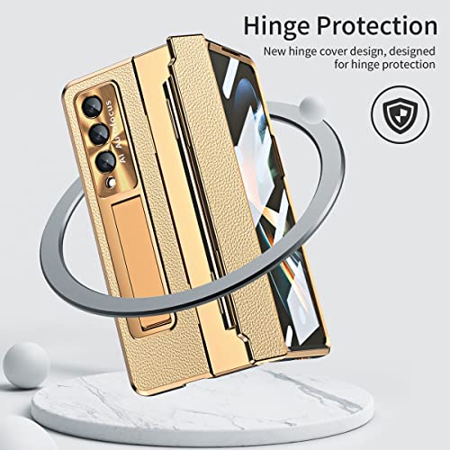 Hinge Protection Case for Samsung Galaxy Z Fold 3 5G with Pen Holder,Luxury Plating Built-in Screen Protector Dustproof Shockproof Case Cover Compatible with Samsung Galaxy Z Fold 3 5G(Gold+Gold)