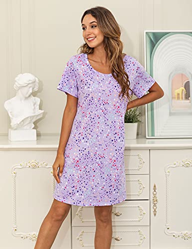 ENJOYNIGHT Sleepwear Women's Nightgown Printed Sleep Shirt Short Sleeve Sleep Tee Cotton Nightshirt (Purple,1X-2X)
