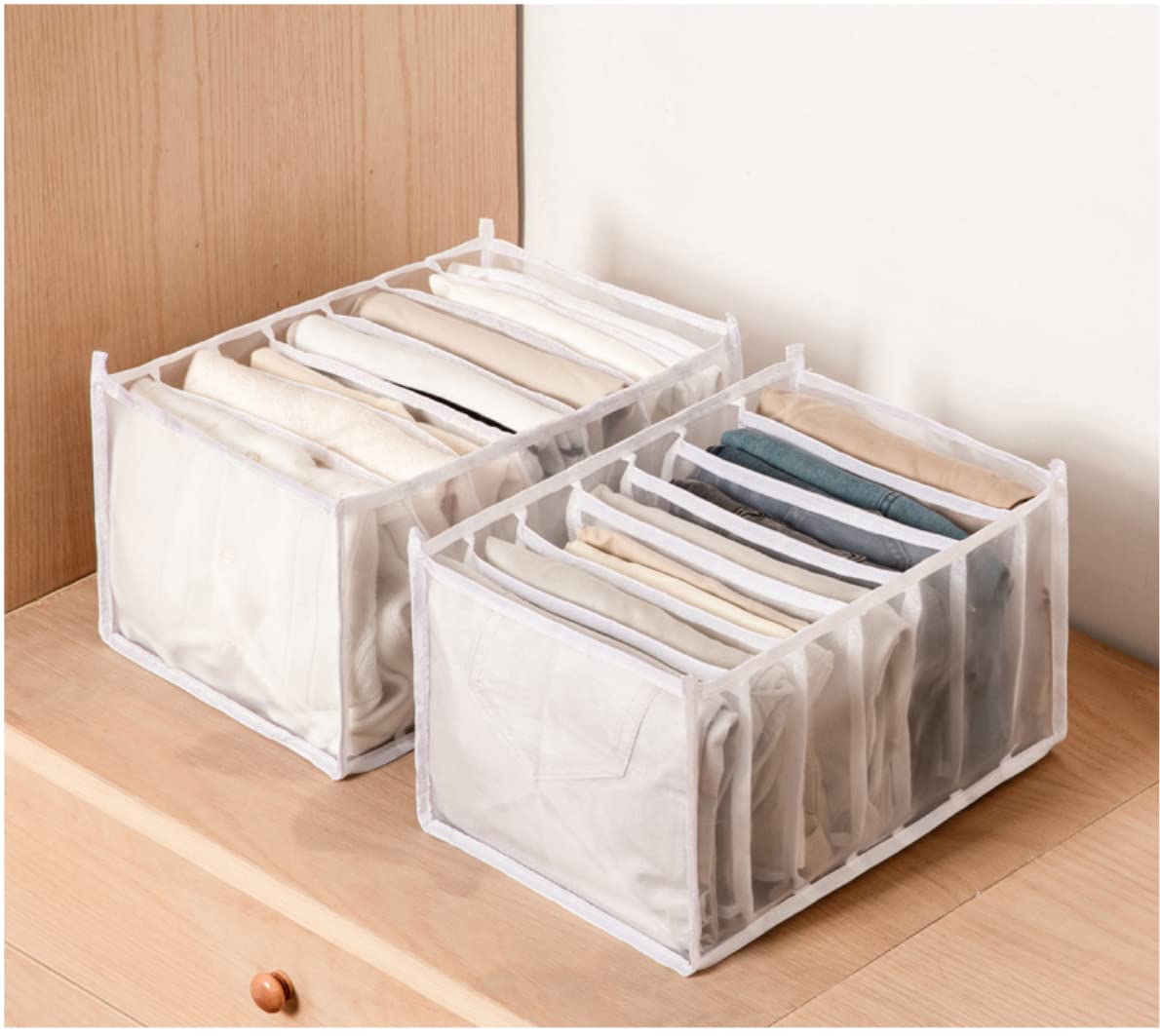 LAND CAST 2Pcs Wardrobe Clothes Organizer, 7Grid Washable Jeans Compartment Storage Box Foldable Closet Drawer Organizer Separation Box Clothes Storage bag for Pants Dress T-shirt Legging (Green, Jeans Grid)