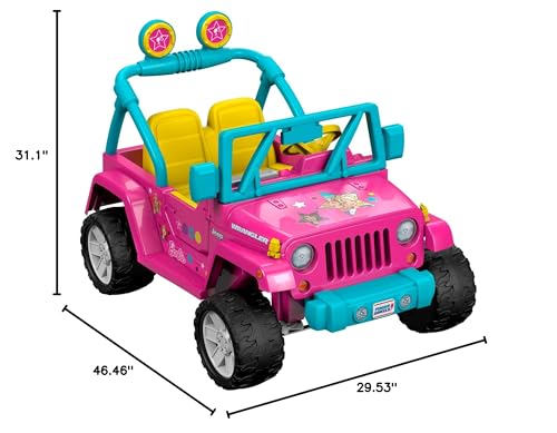 Fisher-Price Power Wheels Battery Powered Barbie Jeep Wrangler Car with Steering Wheel, Music Playing Radio, Roll Bar, and Power Lock Brakes