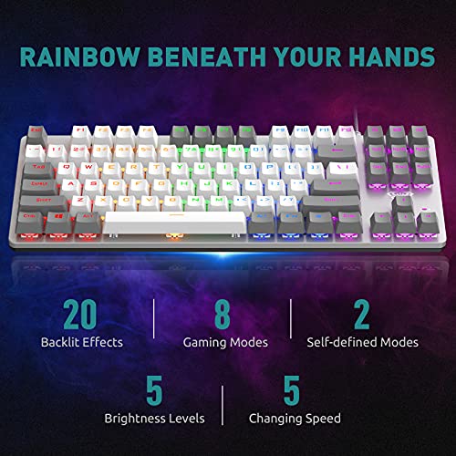 AULA F3287 Wired TKL Rainbow Mechanical Gaming Keyboard, 80% Compact Tenkeyless 87 Keys Layout w/Tactile Brown Switches, White & Grey Mixed-Color Keycaps, Programmable Macro Keys