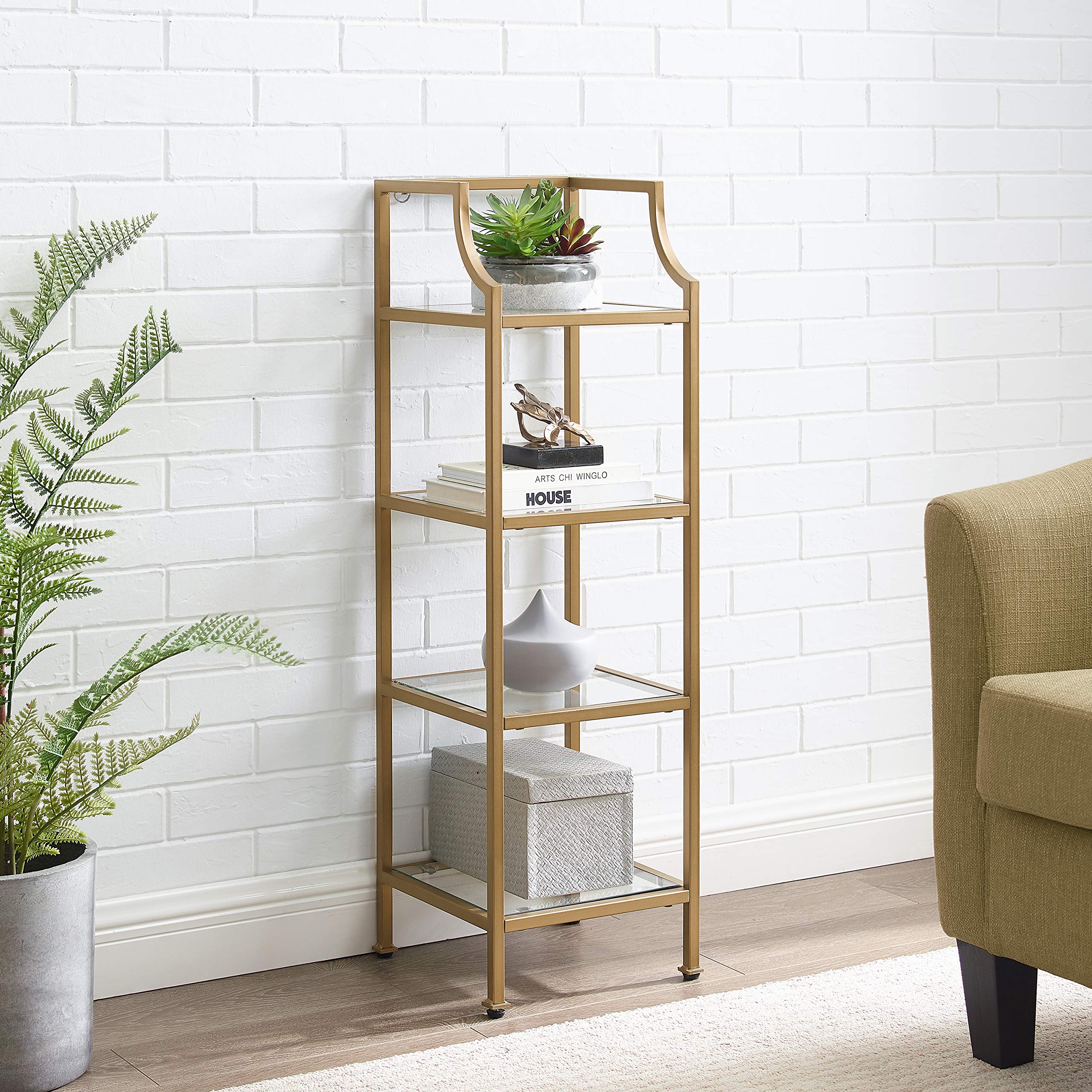 Crosley Furniture Aimee Short Bookshelf with Glass Shelves, Small Bookcase Storage, Gold and Glass