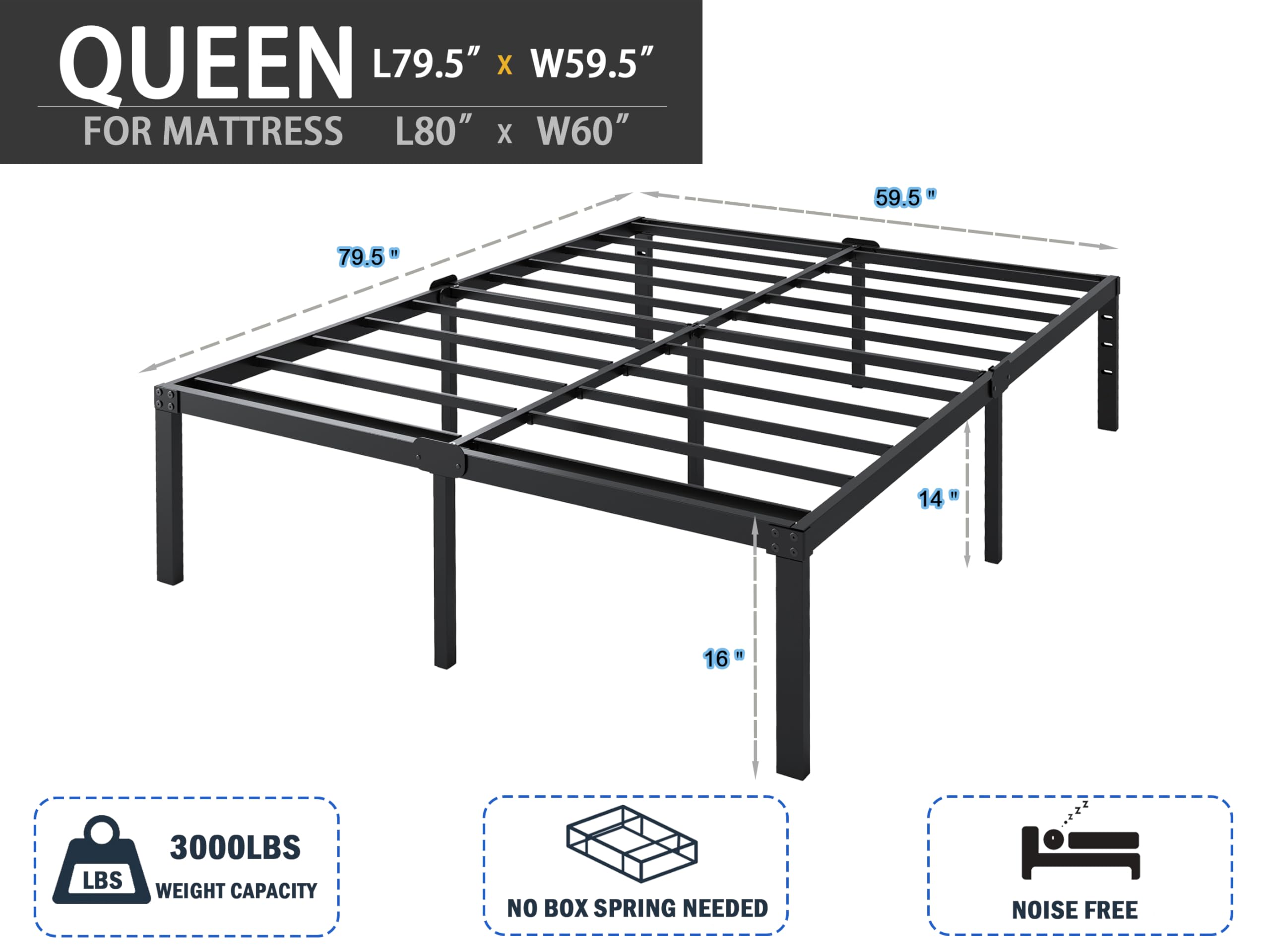 AROMUSTIME 16 Inch Reinfore Metal Platform Bed Frame with Round Legs / 2,400 lbs Heavy Duty Steel Slat Easy Assembly Mattress Foundation/No Noise/Box Spring Replacement, Twin XL