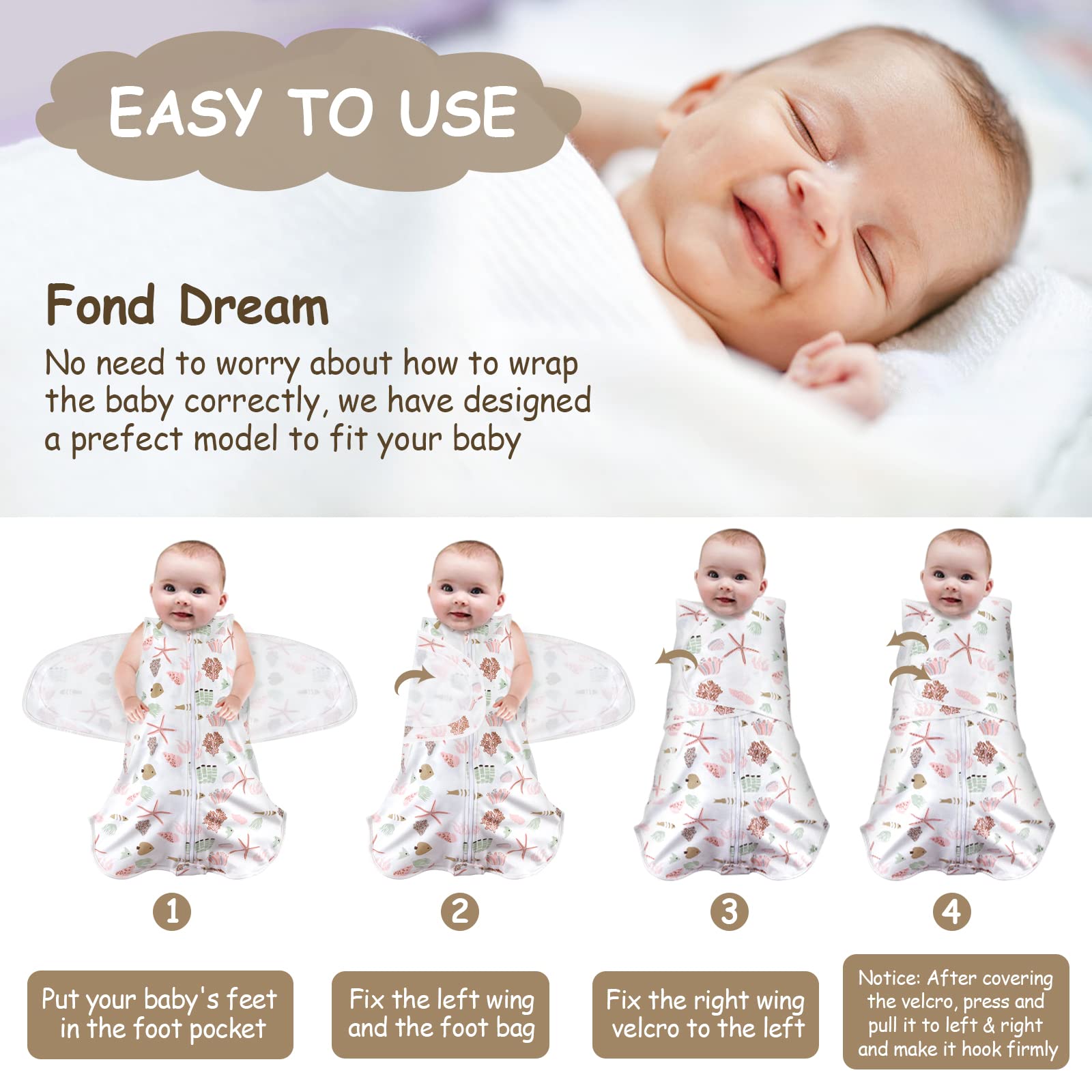 Baby Sleepsack Swaddle, 100% Cotton Adjustable Swaddle Blanket, Newborn Swaddle Helps to Reduce Startle Reflex, 0-12 Months
