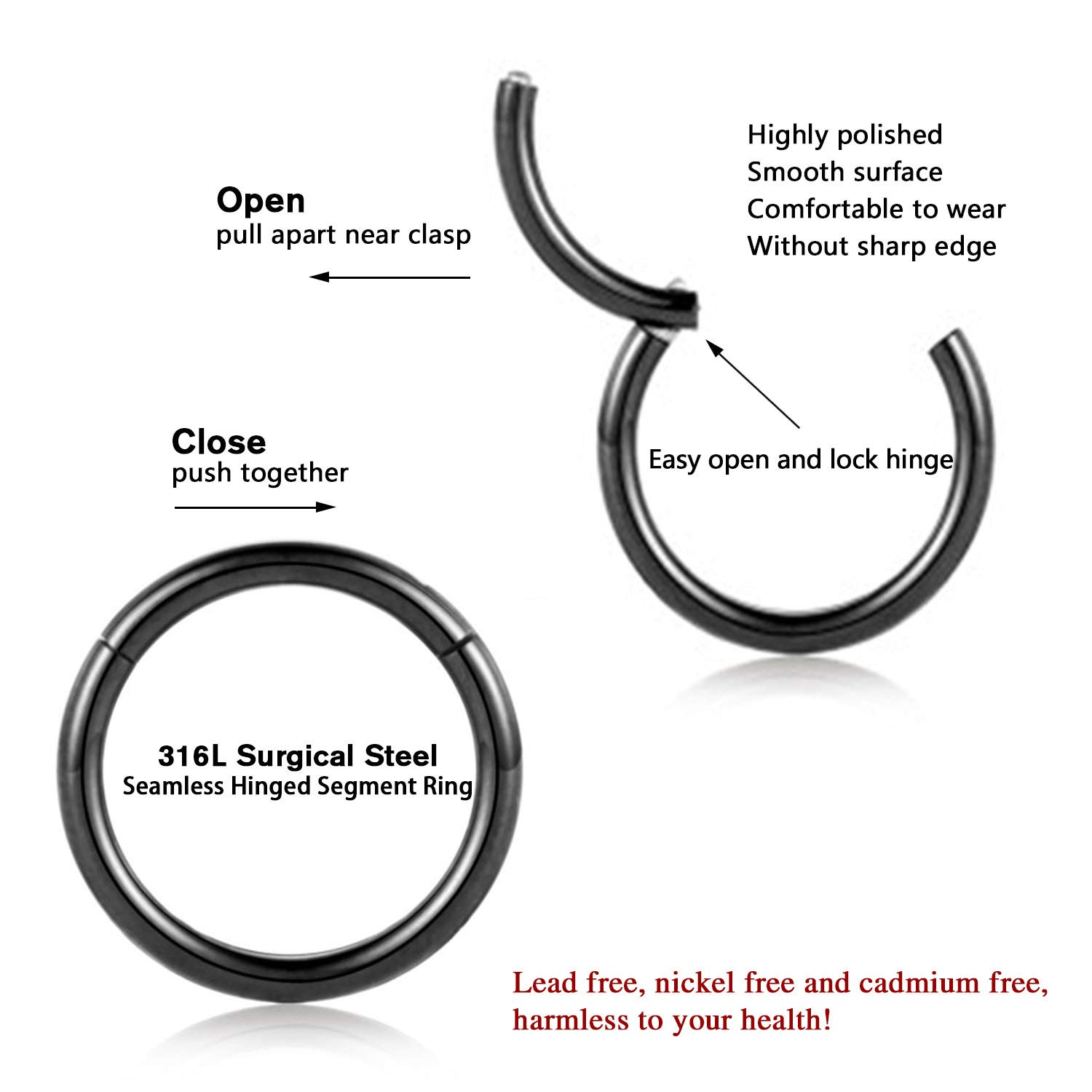 AROWRO 20G 8mm Surgical Steel Nose Hoop Ring Helix Daith Rook Conch Tragus Cartilage Earring Hinged Segment Ring Hoop Piercing Jewelry Septum Clicker