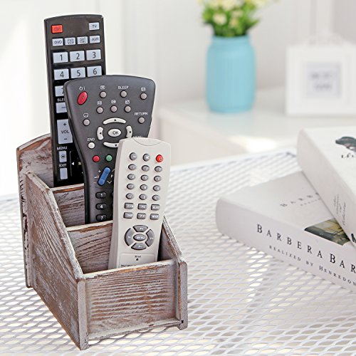 MyGift Rustic Torched Wood Remote Control Holder for Table, 3 Slot Multipurpose Organizer Storage Caddy