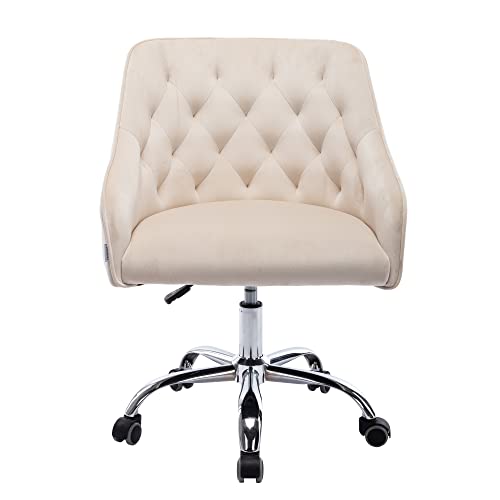 Goujxcy Home Velvet Office Desk Chair with Mid-Back, Modern Height Adjustable 360°Swivel Upholstered Computer Task Chair with Arms and Wheels for Living Room Bedroom (Beige)