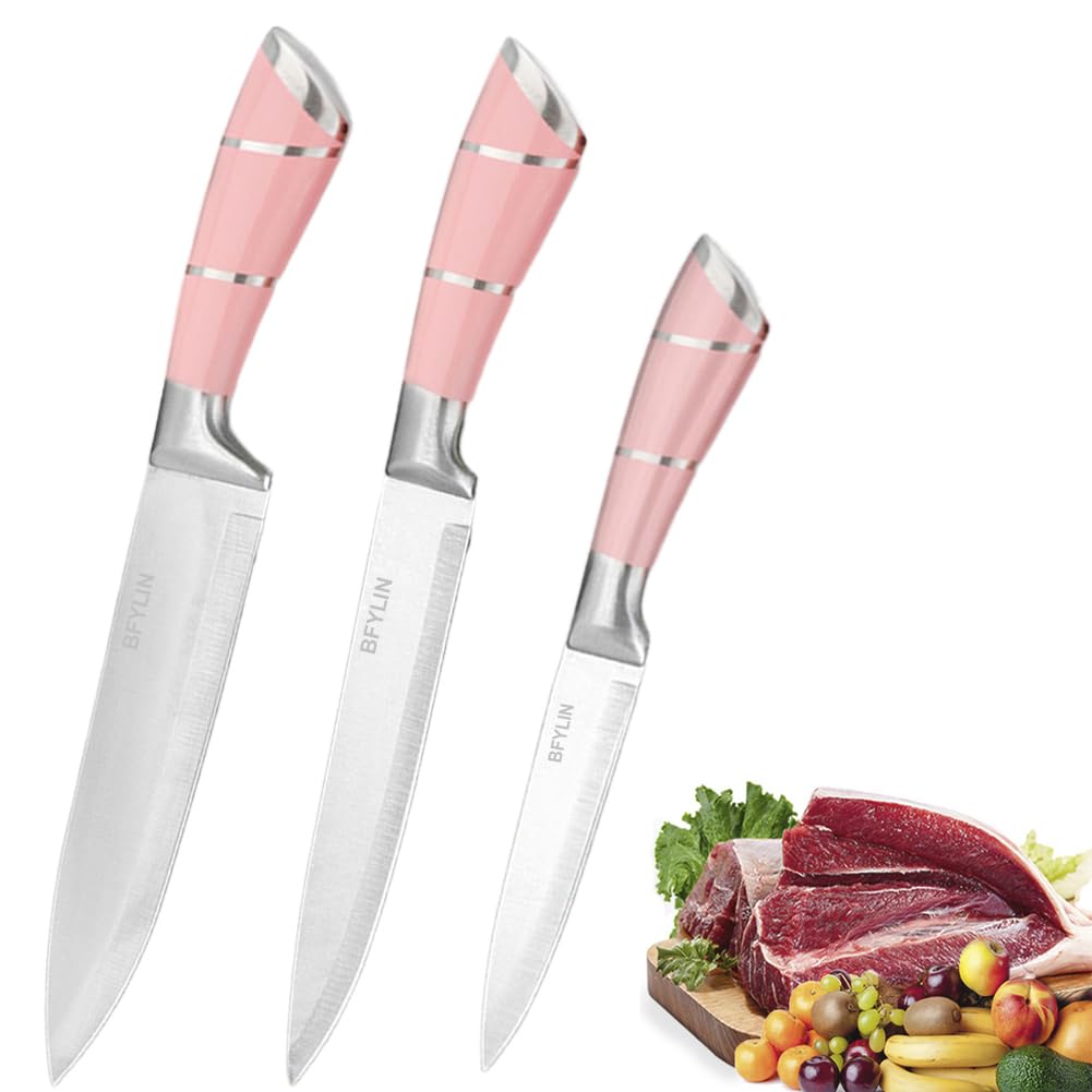 BFYLIN 3PCS Professional Chef Knife Set, Sharp Japanese Kitchen Knife, German High Carbon Stainless Steel 8 inch chef's knives, 8 inch slicing knife,5 inch Knife Utility Knife (3PCS-Pink)