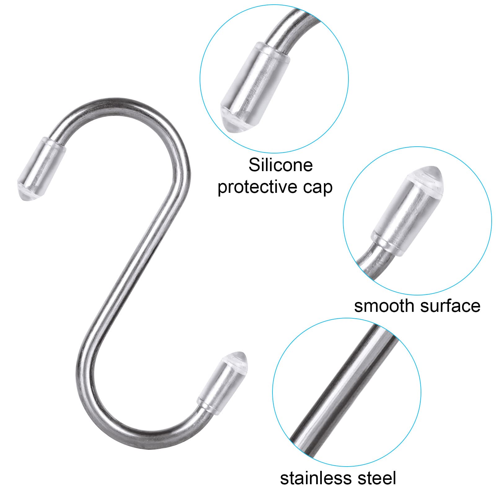 DAJAVE 100 Pack S Hooks for Hanging, 2.5 Inch Heavy Duty S Hook with Plastic Caps, Stainless Steel Small S Hanging Hangers Hooks for Hanging Kitchen Pans, Pots, Cups, Clothes, Bags
