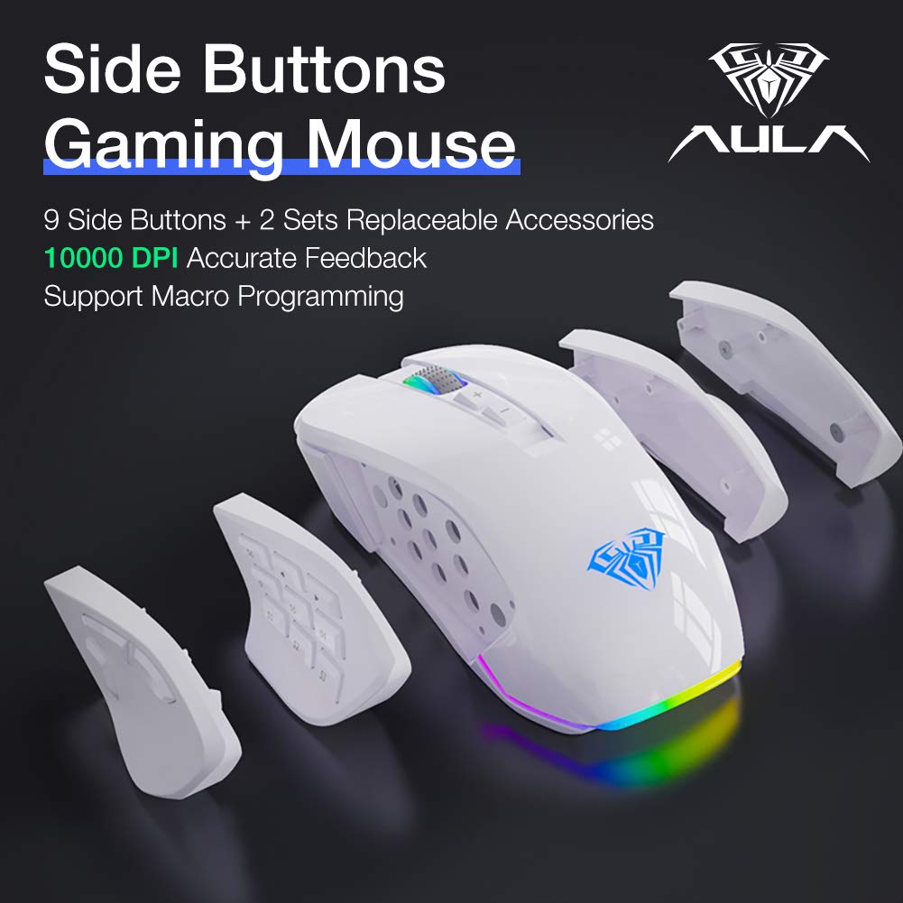 AULA H510 MMO Gaming Mouse with 9 Side Buttons, 10,000 DPI, RGB Backlit Ergonomic Office Games USB Wired Computer Mice, White
