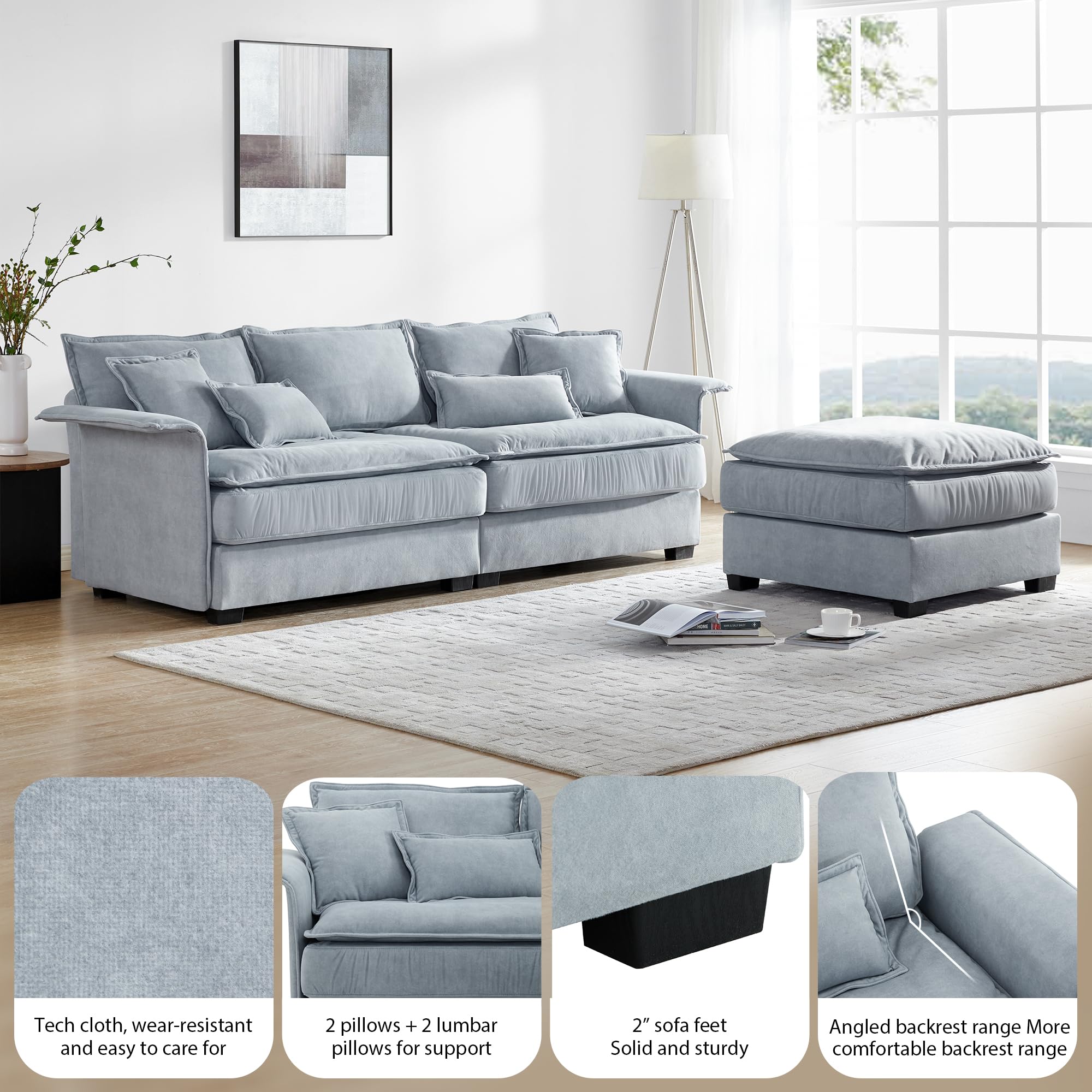 DEINPPA Sectional Sofa with Bentwood Armrests, Modern Deep Seat Sofa Couch with Ottoman, Tech Cloth Upholstered Sleeper Sofa, Comfy Furniture for Living Room, Apartment, Studio, Office-Blue