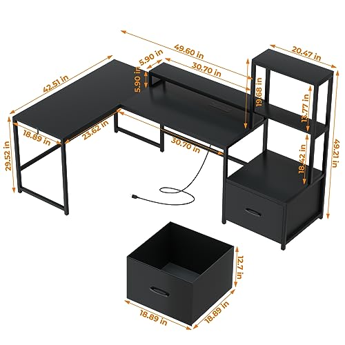 GreenForest 70 in L Shaped Desk with Drawers and Printer Stand and 47 in Computer Desk with USB Charging Port and Power Outlet