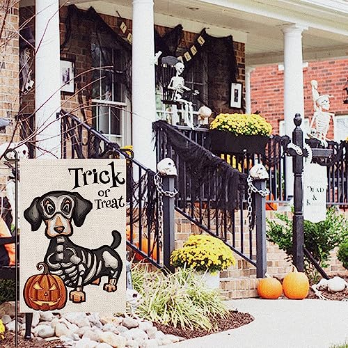 Halloween Trick or Treat Garden Flag Ghost Dog 12x18 Inch Small Double Sided Burlap Welcome Yard Dachshund Skeleton Outside Decorations DF342