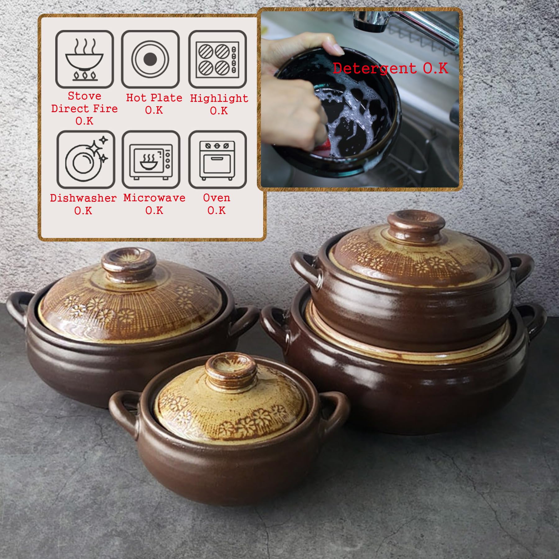 BALWOO Korean Pot [Buncheong] MUD GLAZE Earthenware Ttukbaegi, Ceramic Clay Cooking Pot Casserole, Heat Resistant Ceramic Pot, Zero-Crack Stone Bowl Stockpot Soup Cookware (Mini)