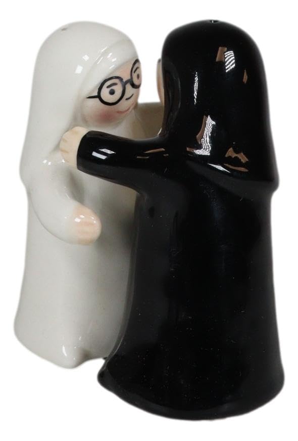 Ebros Gift Black And White Dressed Nuns Dancing Salt And Pepper Shakers Ceramic Figurine Set 3.5"H Hugging Nun Religious Inspirational Funny Themed Accents