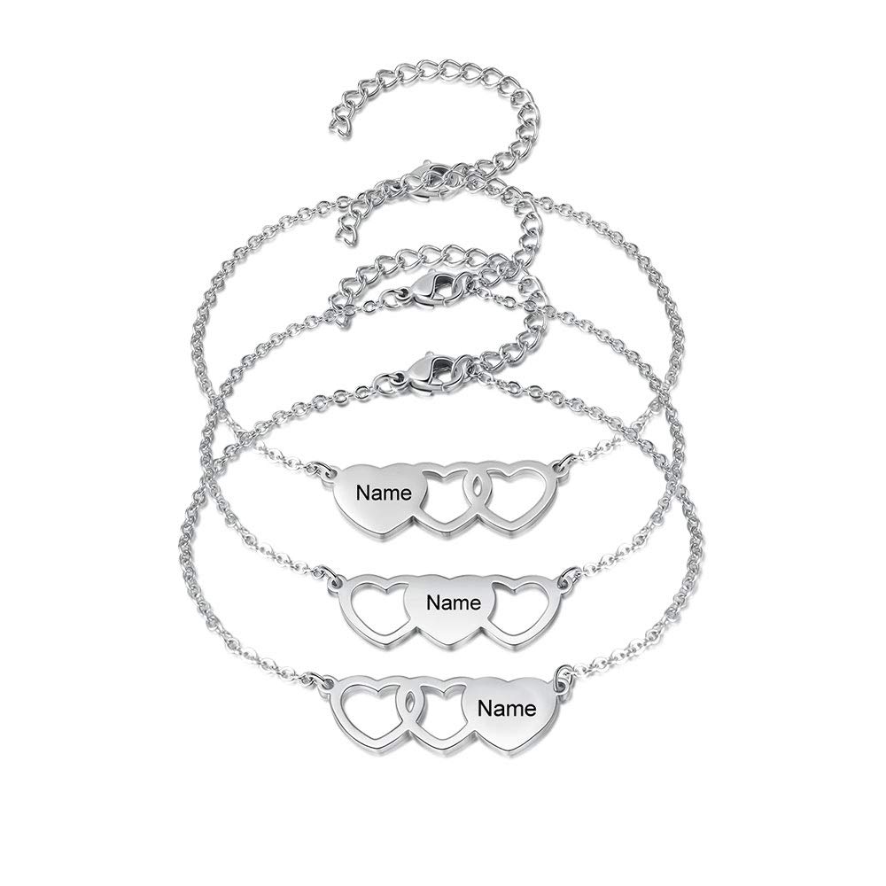 Ashleymade 3PCS Personalized Name Heart Bracelet Best Friend Bracelet for 3 Sister Jewelry Link Chain Gift Friendship Adjustable Custom Names Engraved Love Bracelets for Women (3PCS)
