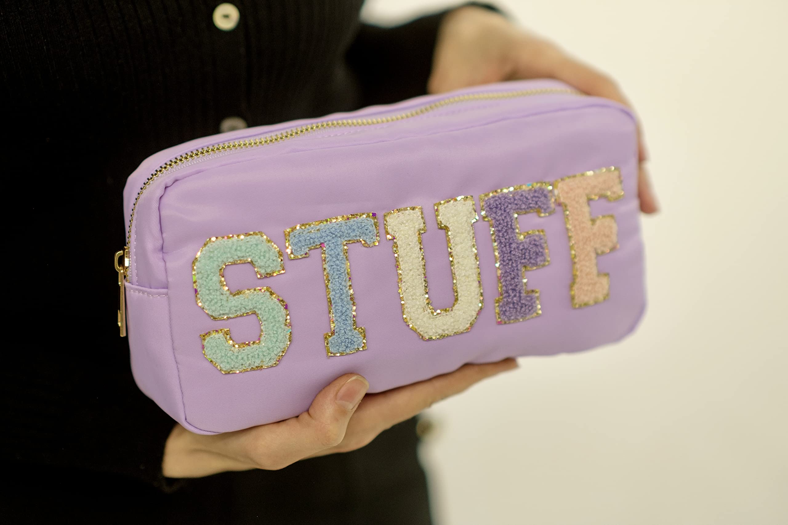 Chenille letter stuff bag, Nylon Cosmetic Bag, Preppy makeup bag, Preppy patch bag, Cosmetic pouch for women, Purple