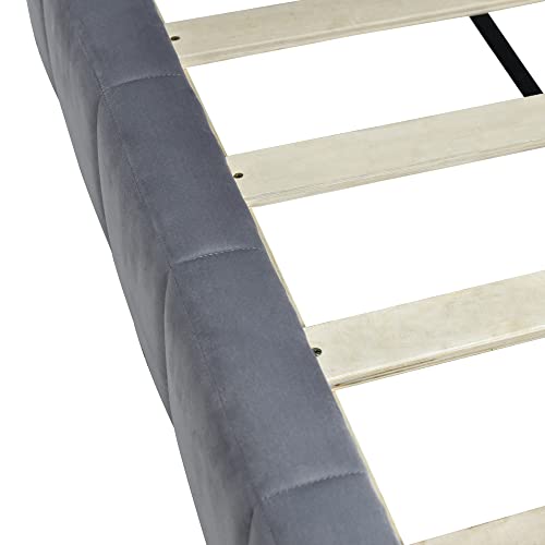 BOVZA L-Shaped Tufted Headboard Full Size Velvet Upholstered Floor Bed, Modern Daybed Sofa Bed Frame with Wood Slats Support for Living Room Bedroom, Gray
