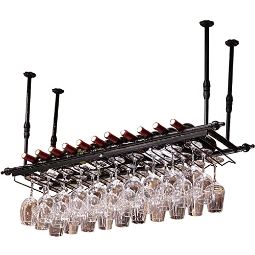 Ceiling Glass Rack Hanging Glass Holder,Height Adjustable,Vintage Goblet Holder,Metalrought Iron Black Rack,Home Bar Kitchen Stand,Ceiling Decorative Shelf
