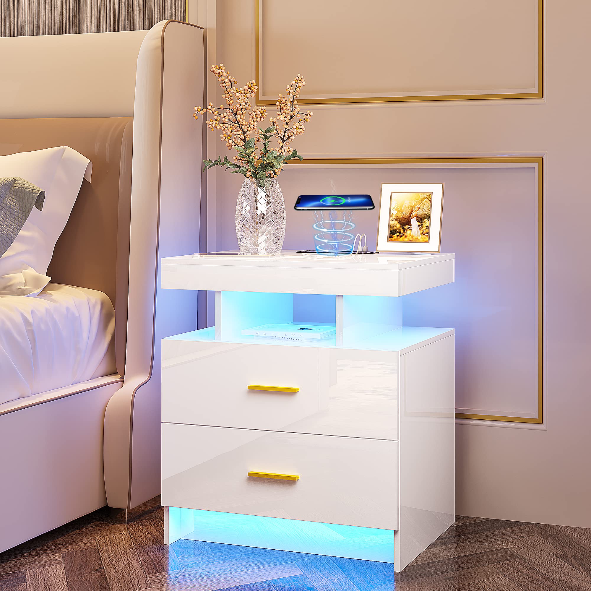 HNEBC Auto LED Nightstands Set of 2,Modern Bedside Table with 2 Ports & Wireless Charging Station,High Gloss Bedside Tables with 2 Drawers,Nightstands for Bedrooms/Living Room (White)