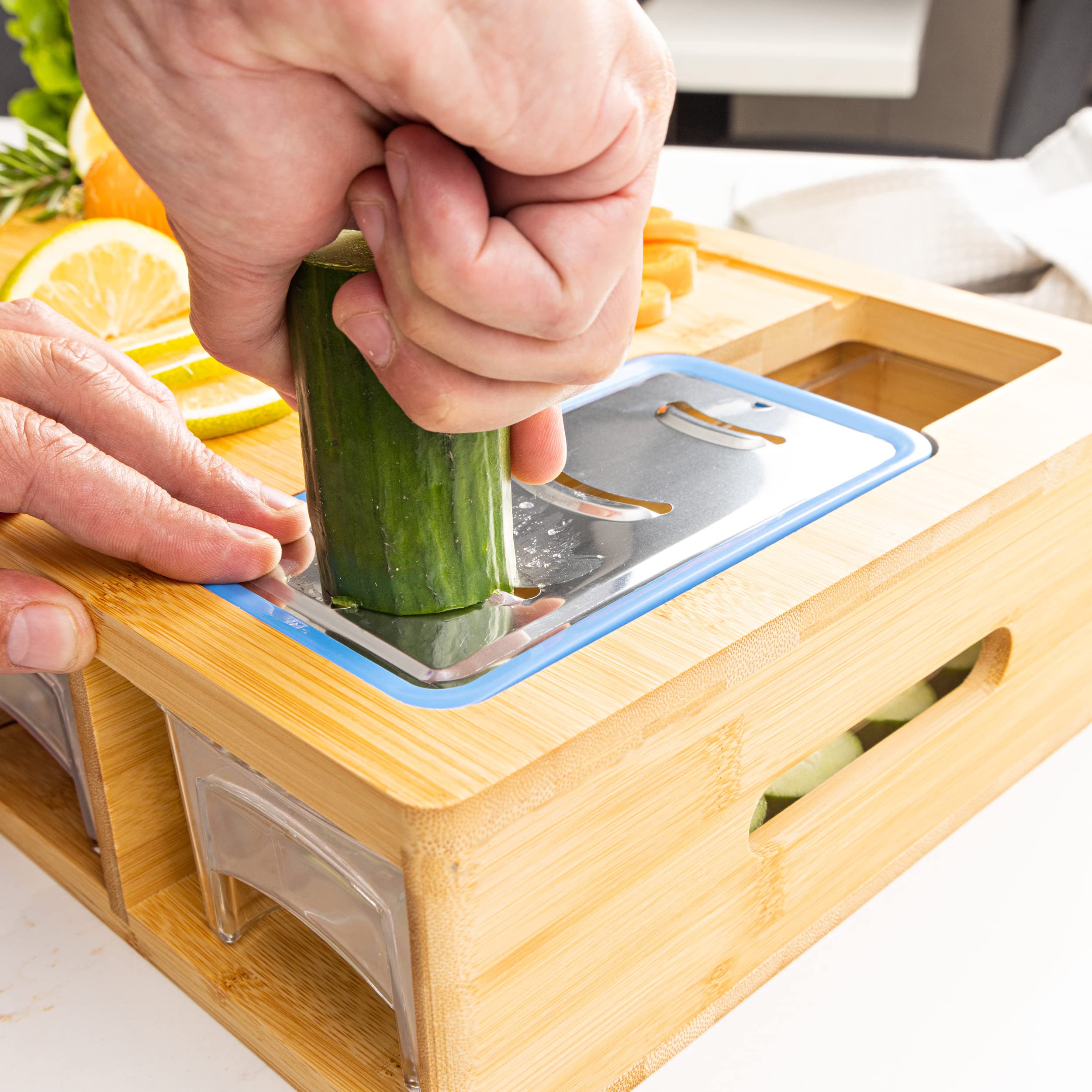 Bamboo Cutting Board With Containers - Multifunctional With Trays, Lids, Juice Groove, Graters, Save Space For Organised Kitchen, Makes Food Prep Quick And Easy