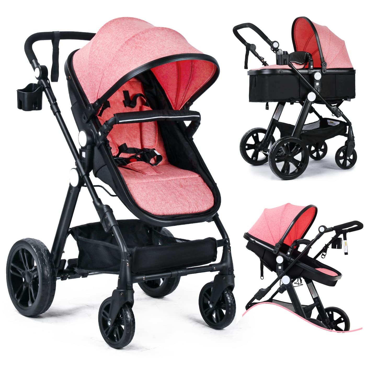 Baby Stroller Infant Bassinet Stroller Toddler Reversible Seat Pram Foldable Pushchair with Adjustable Canopy Backrest and Pusher, Suspension Wheels Fit All Terrains, Cup Holder (PINK)