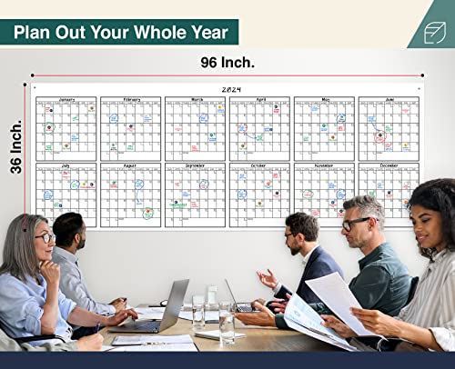 Large Dry Erase Wall Calendar - 36" x 96" - Undated Blank 2023 Reusable Yearly Calendar - Giant Whiteboard Year Poster - Laminated Office Jumbo 12 Month Calendar