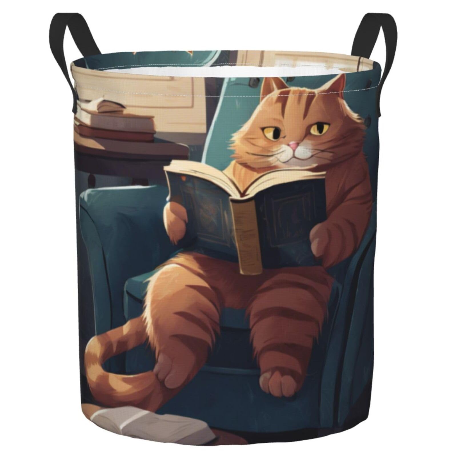Delerain Funny Cat Laundry Basket, Waterproof Laundry Hamper with Handles, Collapsible Toy Bins Dirty Clothes Round Storage Basket for Home Bathroom Office Nursery, 16.5X13.8(S)