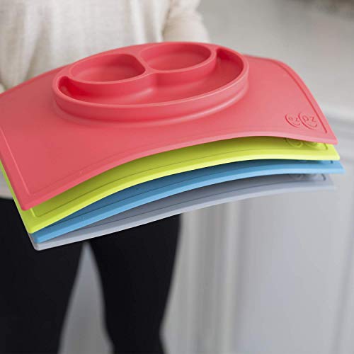 ezpz Happy Mat (Blue) New Version - 100% Silicone Suction Plate with Built-in Placemat for Toddlers + Preschoolers - Divided Plate - Dishwasher Safe