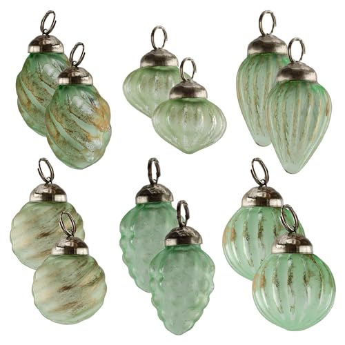 AuldHome Small Glass Finial Ornaments (Set of 12, Soda Glass); Distressed Metal Antique Style Christmas Decorations; Small to Medium Tree Sized