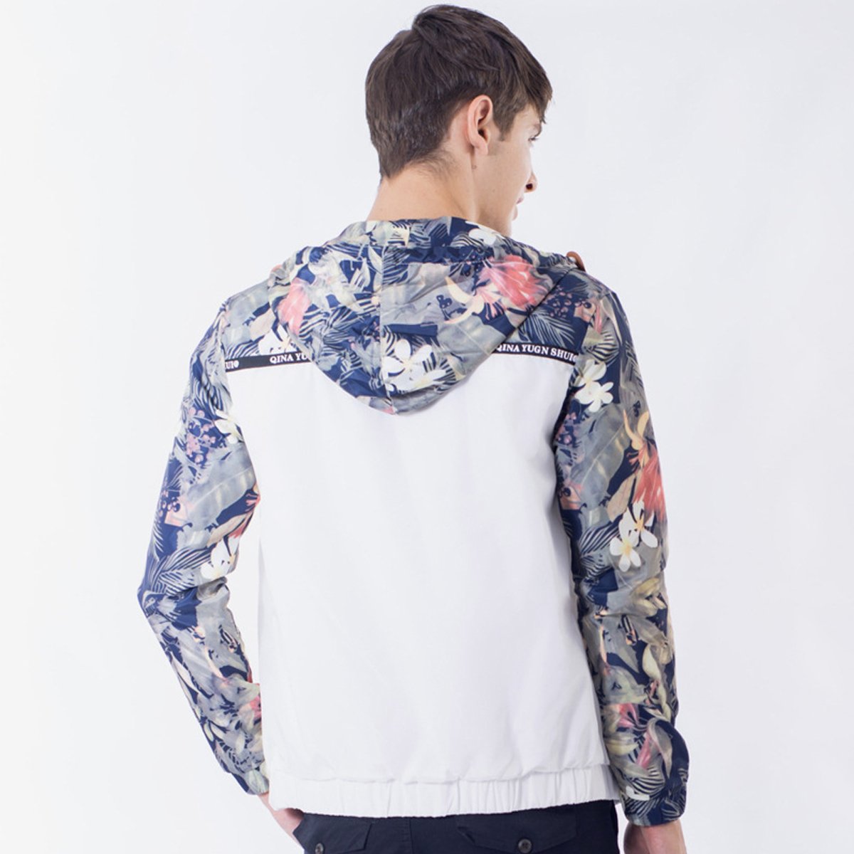Amcupider Men's Contrast Zip Front-Zip Jacket (Floral & White, US S/Tag 2XL)