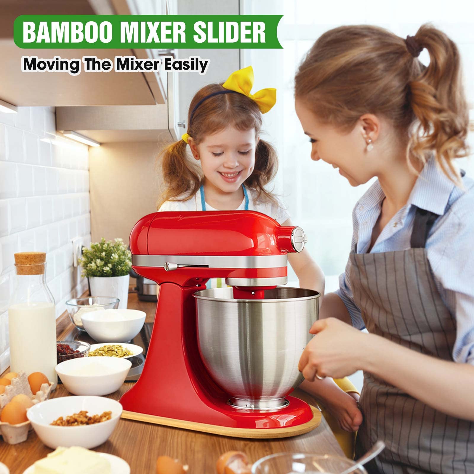 Bamboo Sliding Mat for Kitchenaid Mixer, Kitchen Countertop Storage Mover Sliding Caddy for Kitchen aid 4.5-5 Qt, Mixer Mover Slider Mat Kitchen Appliance Mat, Mixer Appliance Moving Tray (2 PCS)
