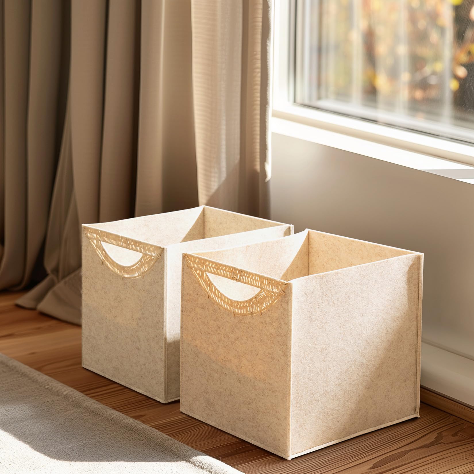 La Jolie Maison 2 Pack Foldable Oatmeal Felt Cube Bins, 13 Inch Storage Cube with Rattan Handle, Decorative Storage Bins for Closet Toys Bedroom