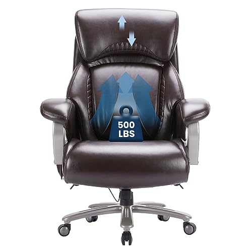 Big and Tall Office Chair 500lbs-Heavy Duty Ergonomic Computer Chair with Extra Wide Seat, High Back Executive Large Desk Chair with Thick Seat and Tilt Rock, Adjustable Lumbar Support-Brown