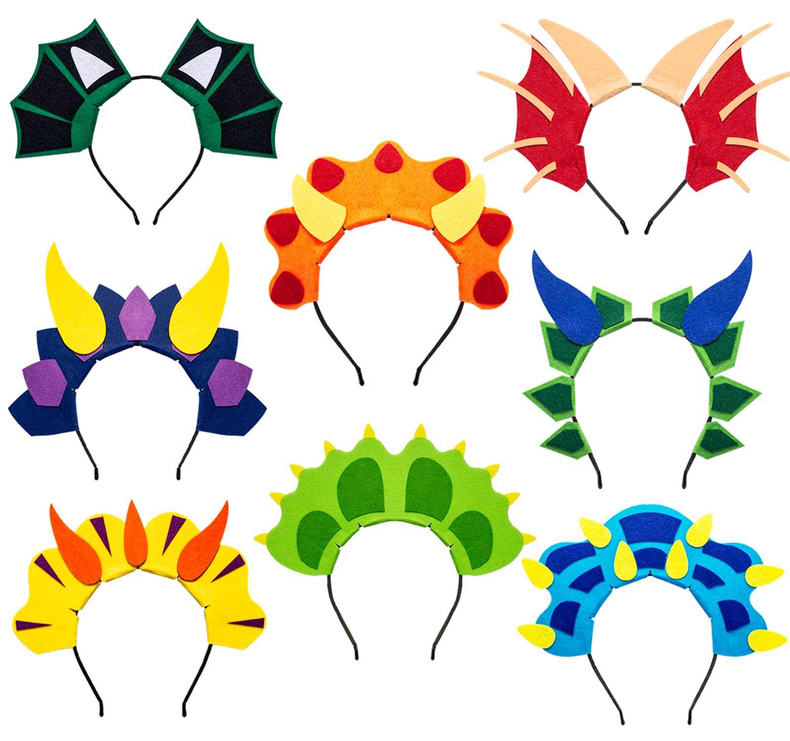 Flying Childhood 8Pcs Dinosaur Headbands Party Hats for Girls Boys Birthday Decorations Supplies Favors Felt Dragon Headpiece as Kids Toddlers Photo Booth